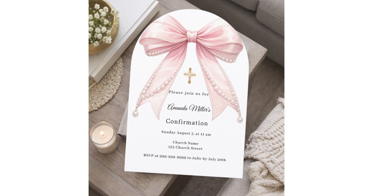 Pink bow pearls girl elegant Confirmation Arch Invitation | Zazzle
