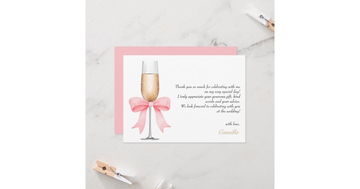 Pink Bow Pearls & Prosecco Bridal Shower Thank You Invitation | Zazzle