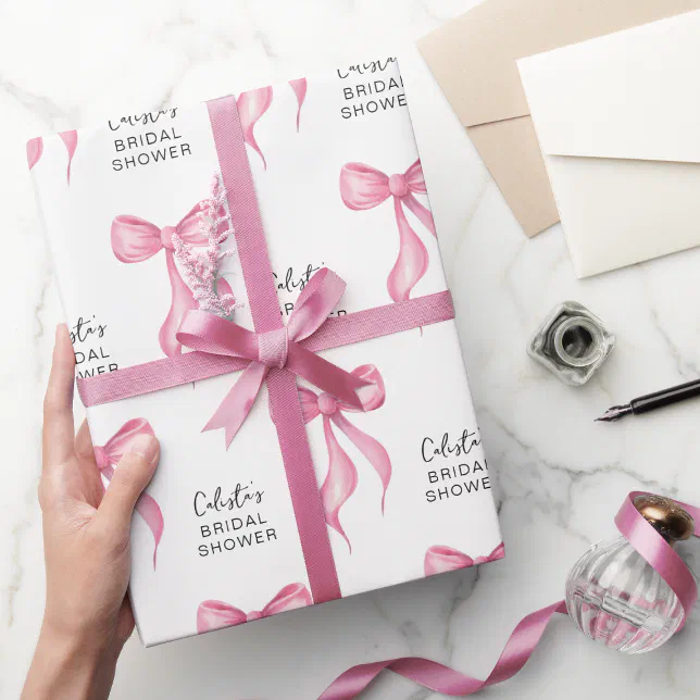 Pink Bow Personalized Bridal Shower Wrapping Paper | Zazzle