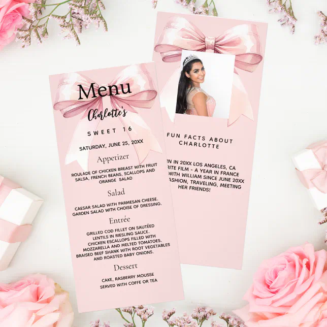 Pink bow photo fun facts birthday menu card | Zazzle