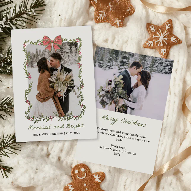 Pink Bow Photo Married and Bright Holiday Card | Zazzle
