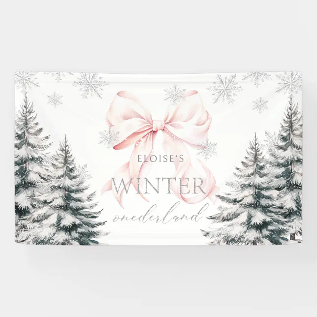 Pink Bow Pine Trees Winter Onederland 1st Birthday Banner | Zazzle