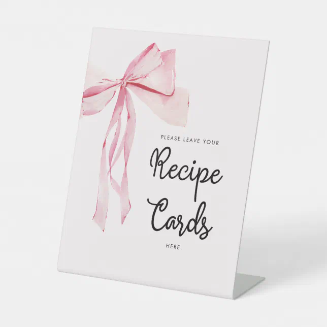 Pink Bow Recipe Cards Bridal Shower Pedestal Sign | Zazzle
