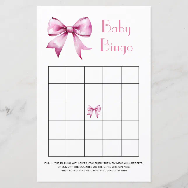 Pink Bow Ribbon Baby Bingo Game | Zazzle