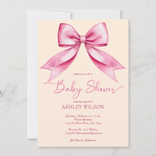 Pink bow ribbon baby shower cute elegant invitation | Zazzle