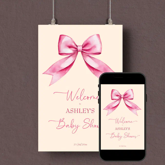 Pink bow ribbon baby shower elegant welcome sign | Zazzle