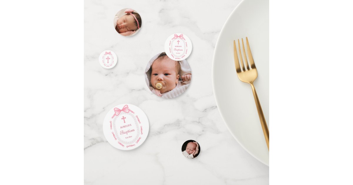 Pink Bow Ribbon Frame Baptism Table Confetti | Zazzle