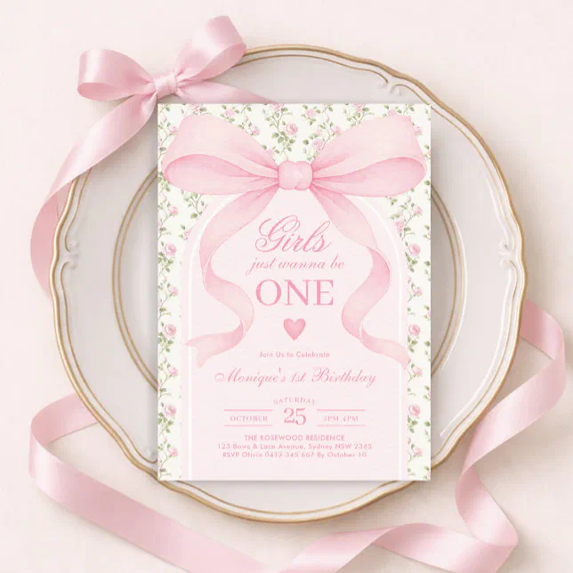 Pink Bow Rose Girls Just Wanna Be One 1st Birthday Invitation | Zazzle