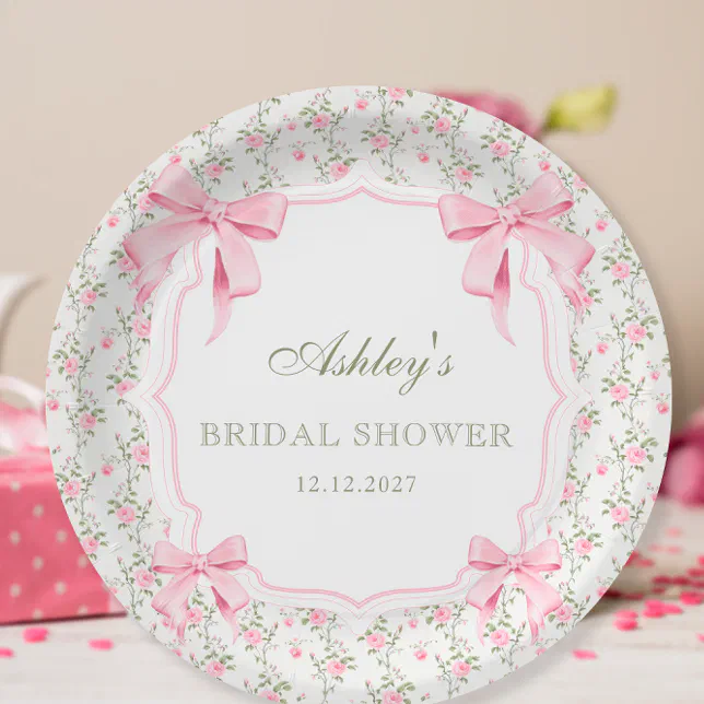 Pink Bow She's Tying the Knot Bridal Shower Paper Plates | Zazzle
