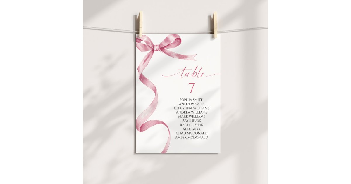 Pink Bow Table Number Seating Chart | Zazzle