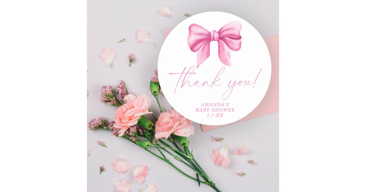 Pink Bow Thank You Card Classic Round Sticker | Zazzle