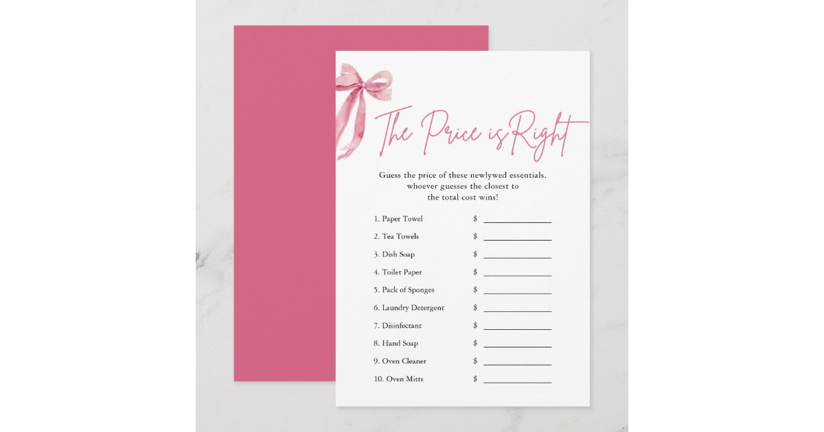 Pink Bow The Price is Right Bridal Shower Game Invitation | Zazzle