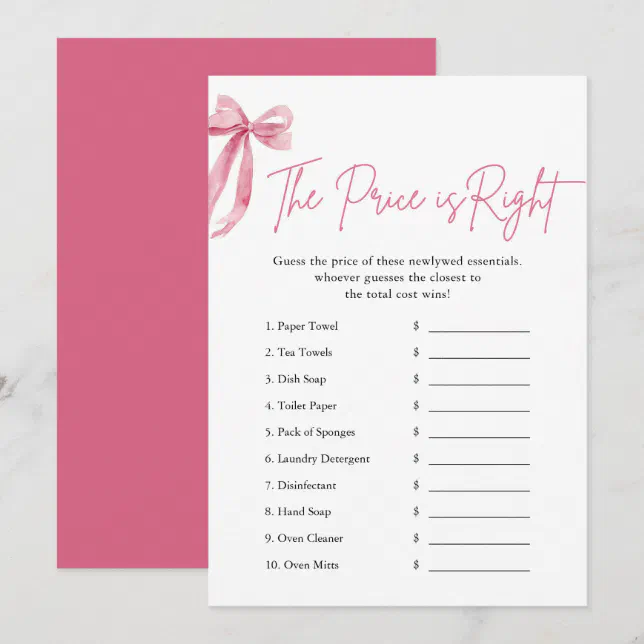 Pink Bow The Price is Right Bridal Shower Game Invitation | Zazzle