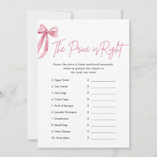 Pink Bow The Price is Right Bridal Shower Game Invitation | Zazzle