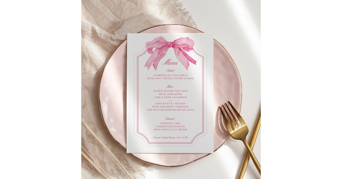 Pink Bow Toile Ribbon Bridal Shower Menu | Zazzle