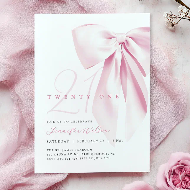 Pink Bow Twenty One Birthday Invitation | Zazzle