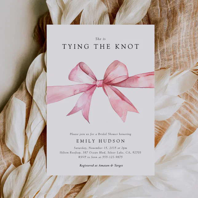 Pink Bow Tying the Knot Bridal Shower Invitation | Zazzle