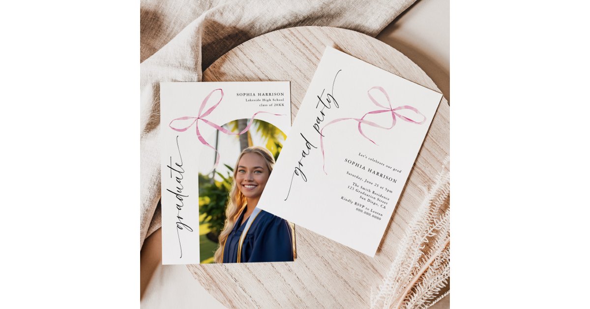Pink Bow Vertical Script Graduation Invitation | Zazzle