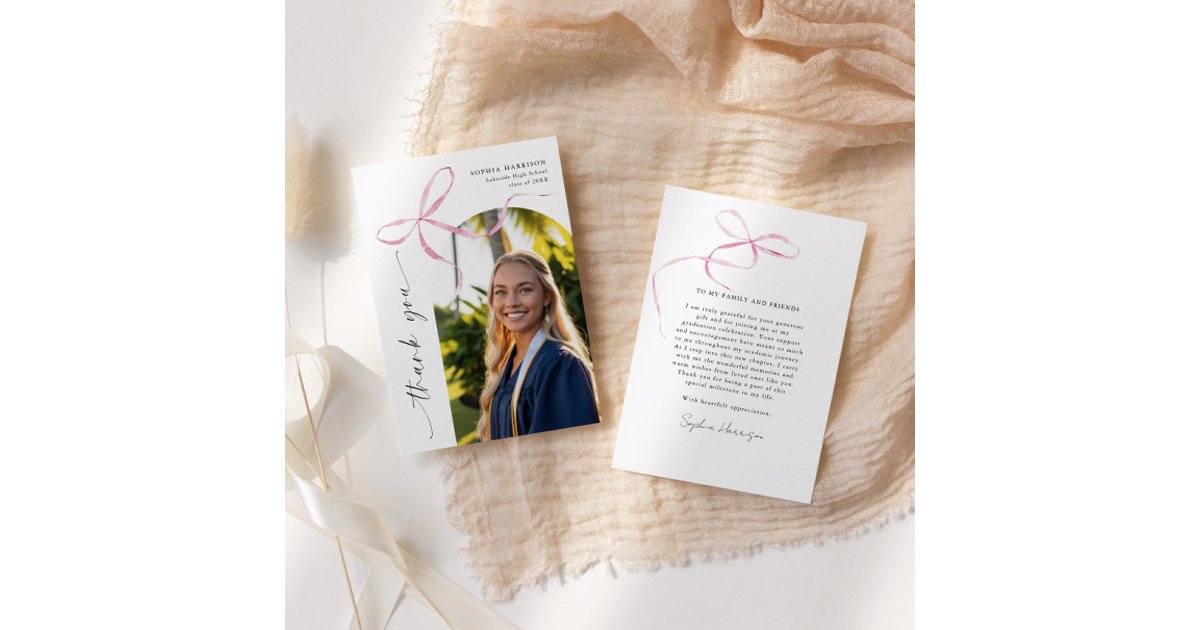 Pink Bow Vertical Script Graduation Thank You Card | Zazzle