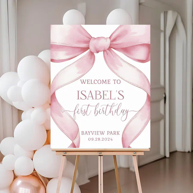 Pink Bow Welcome Sign, Editable Pink Bow 1st Birth Foam Board | Zazzle