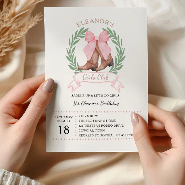Pink Bow Western Cowgirl Boots Girls Club Birthday Invitation | Zazzle