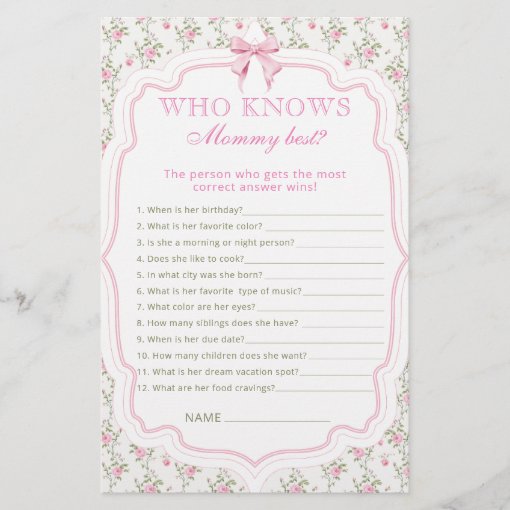 Pink Bow Who Knows Mommy Best Baby Shower Game | Zazzle