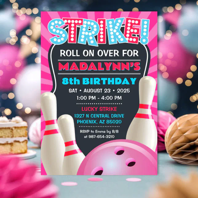 Pink Bowling Party Girls Birthday Invitation | Zazzle
