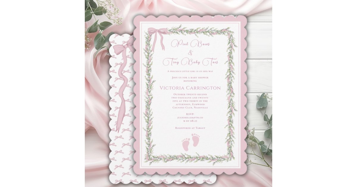 Pink Bows & Baby Toes Elegant Baby Shower Invitation | Zazzle