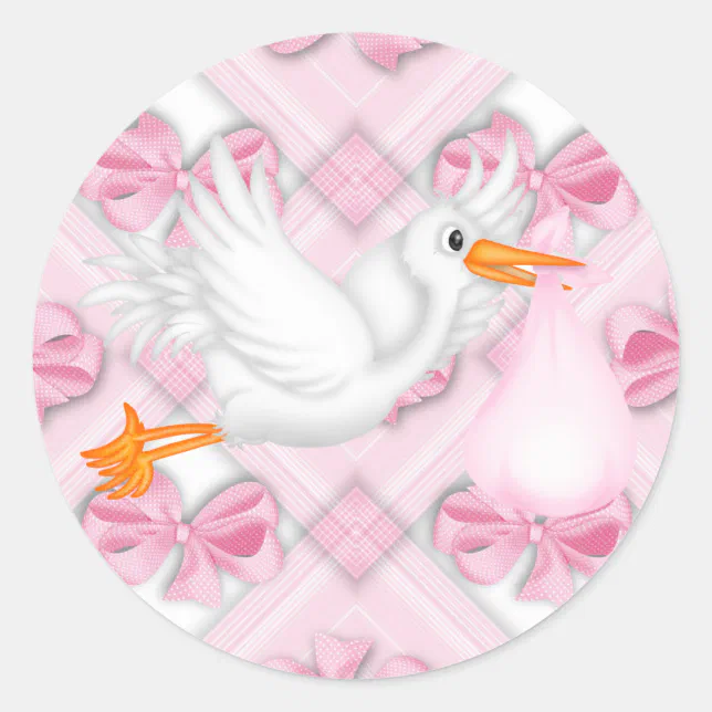 Pink Bows Pink Stork Baby Shower Stickers | Zazzle