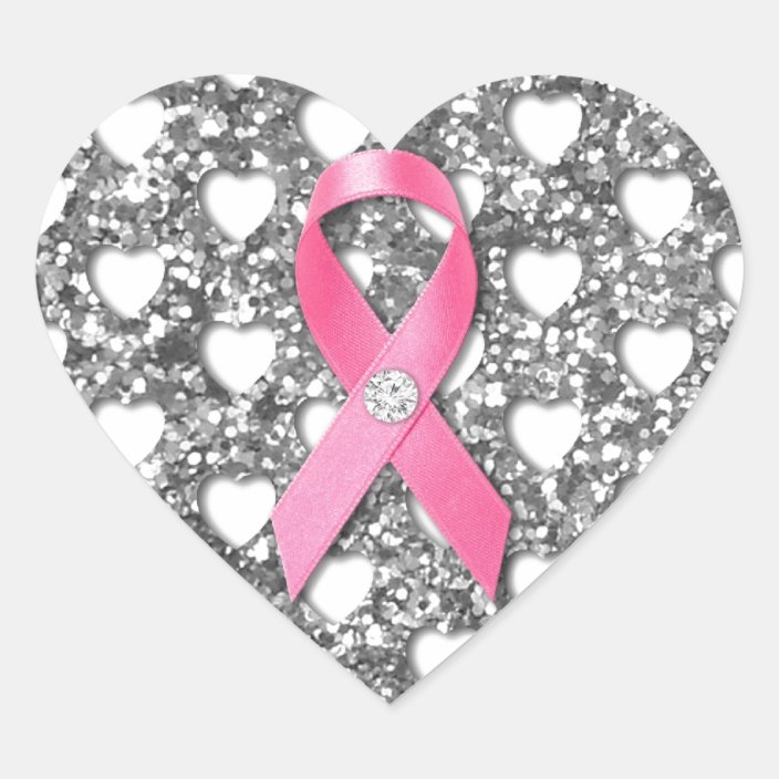 Pink Breast Cancer Ribbon Silver Glitter Look Heart Sticker | Zazzle.com