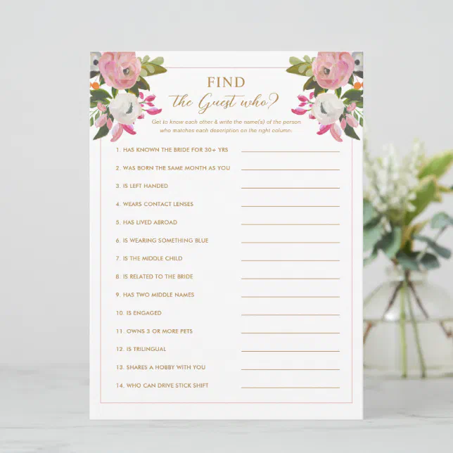 Pink Bridal Shower Game Find the Guest Who Game Invitation | Zazzle