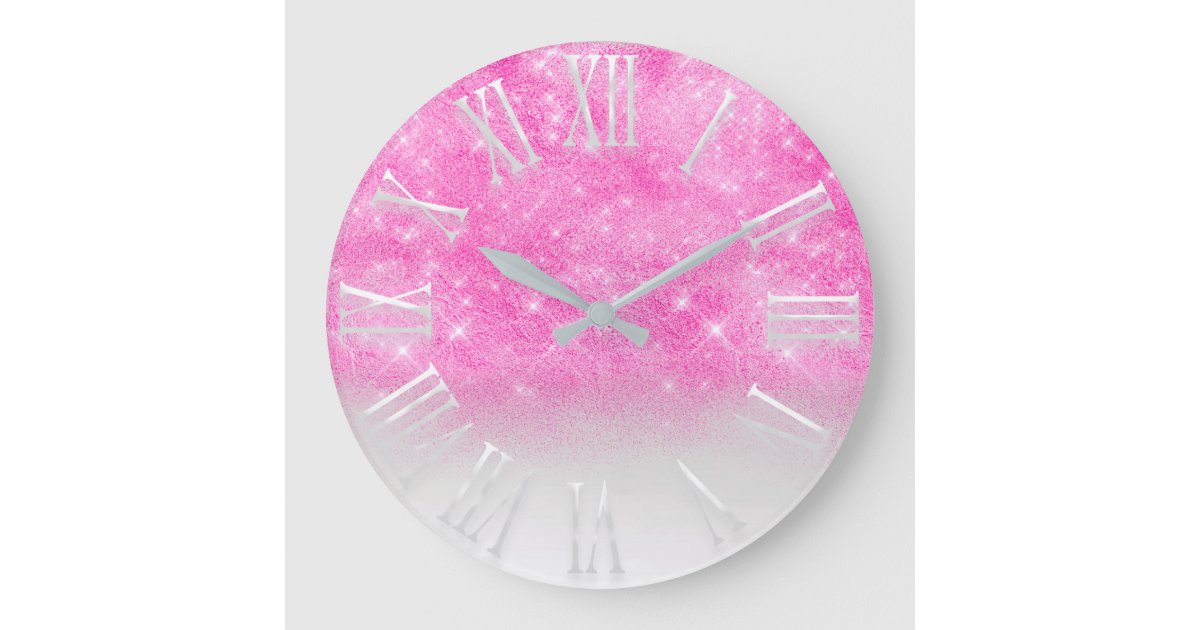 Pink Bright Glitter effect White Spark Princess Large Clock | Zazzle