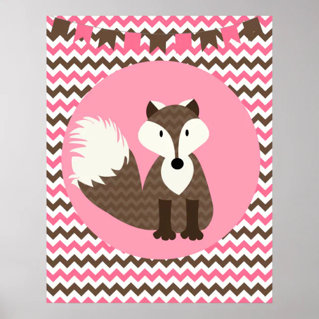 Pink, Brown, and White Chevron Fox Nursery Poster | Zazzle