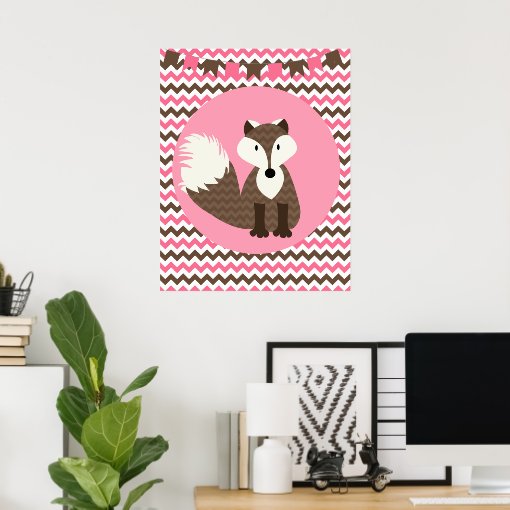 Pink, Brown, and White Chevron Fox Nursery Poster | Zazzle