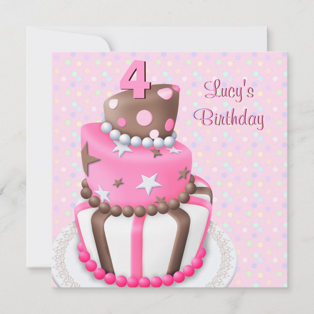Pink Brown Cake Girls 4th Birthday Party Invitation | Zazzle