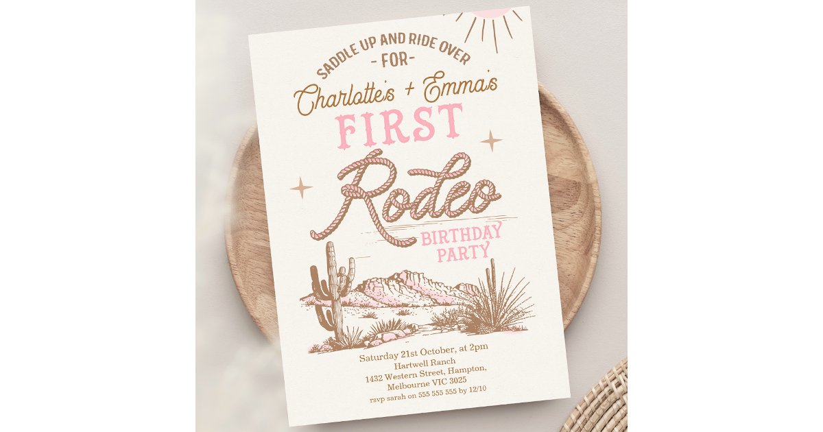 Pink Brown First Rodeo Joint Twins 1st Birthday Invitation | Zazzle