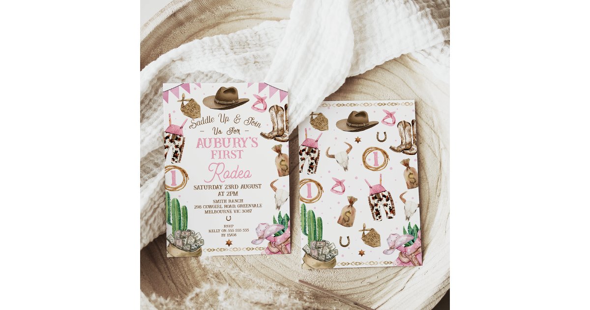 Pink Brown Girls First Rodeo 1st Birthday Invitation | Zazzle