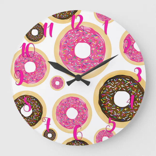Pink & Brown Sprinkle Donuts Modern Fun Cute Large Clock | Zazzle