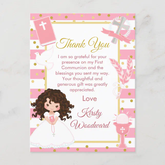 Pink Brunette Hair Girl First Communion Thank You Postcard | Zazzle