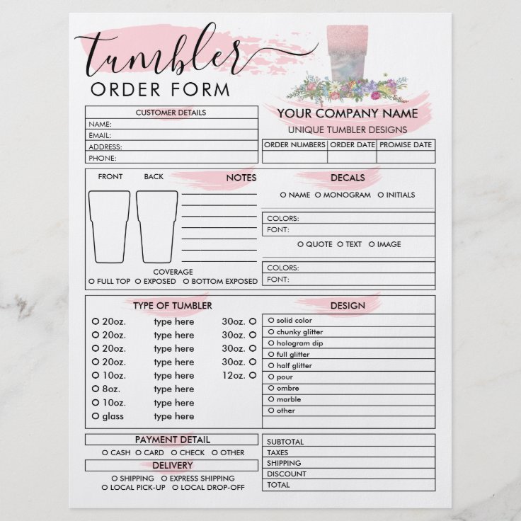 Pink Brush Tumbler Mug Cup Order Form Flyer | Zazzle