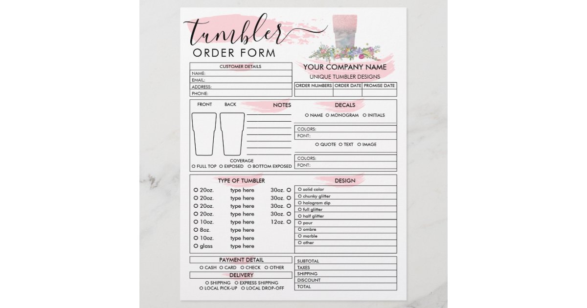 Pink Brush Tumbler Mug Cup Order Form Flyer | Zazzle