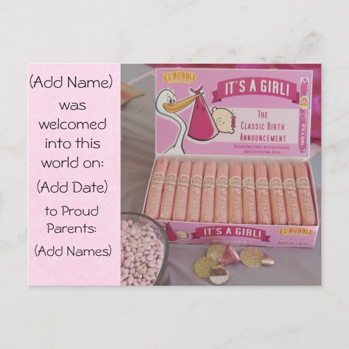 Pink Bubblegum Cigar Baby Girl Announcement | Zazzle.com