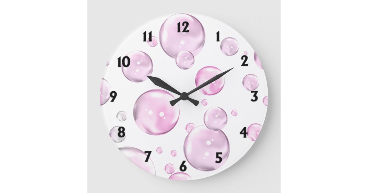 Pink Bubbles with Black Numbers Large Clock | Zazzle