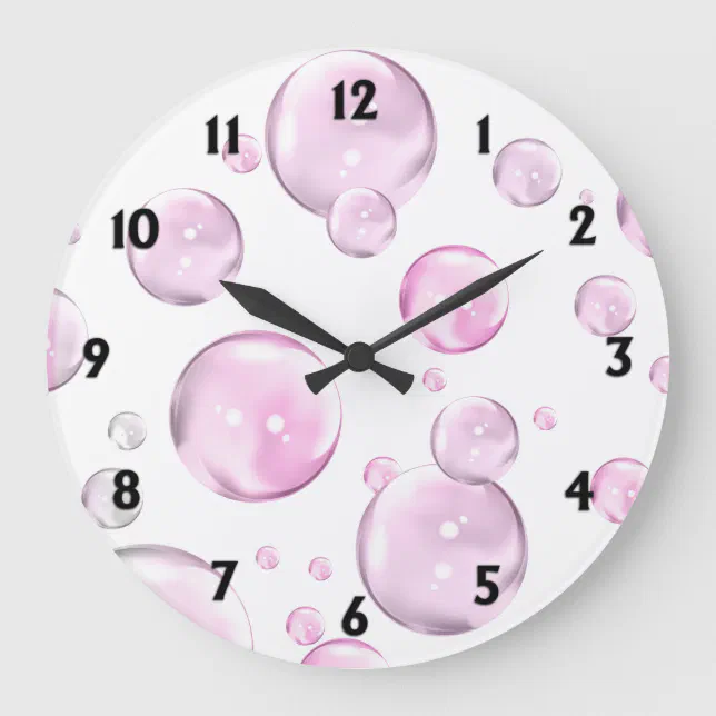 Pink Bubbles with Black Numbers Large Clock | Zazzle