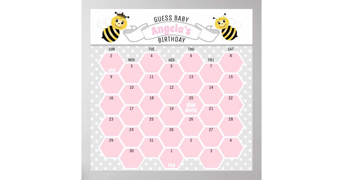 Pink Bumble Bee Baby Birthday Prediction Calendar Poster | Zazzle