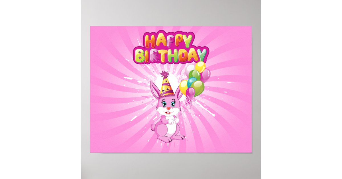 Pink Bunny Birthday Cartoon Poster | Zazzle