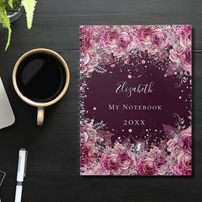 Pink burgundy floral glitter dust name notebook | Zazzle