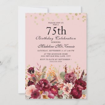 Pink Burgundy Floral Gold Glitter 75th Birthday Invitation | Zazzle
