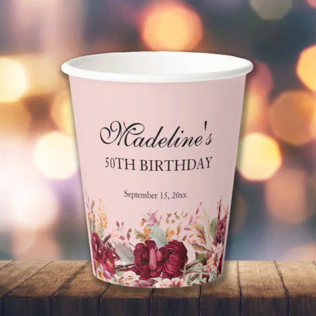 Pink Burgundy Floral Women's 50th Birthday Paper Cups | Zazzle