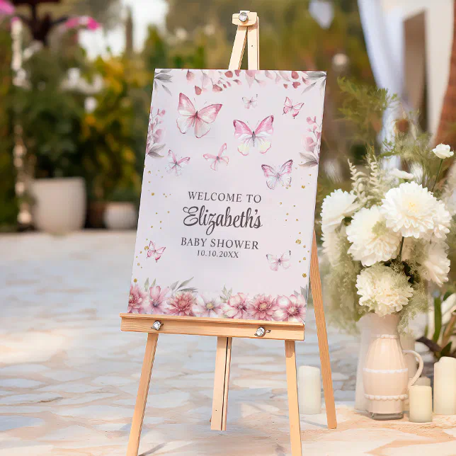 Pink Butterflies and Flower Garden Baby Shower Foam Board | Zazzle
